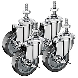 Houseables Caster Wheels, Casters, Set of 4, 3 Inch, (Screw Diameter 3/8"-16, Length 1.5"), Rubber, Heavy Duty, Threaded Stem Mount Industrial Castors, Locking Metal Swivel Wheel, for Furniture, Cart