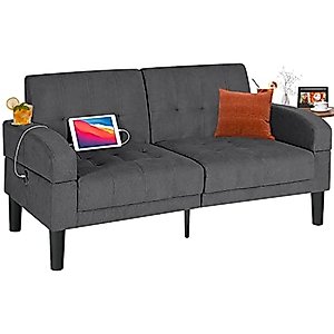 TYBOATLE Linen Upholstered Modern Love Seats Sofa with 2 USB, Fabric Loveseat Furniture w/Removable Armrests, 2 Cup Holders, Suitable for Compact Living Space, Apartment, Dorm (Dark Grey)