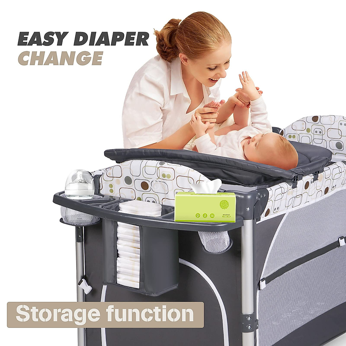 Heyo.Ja Double Layer Baby Portable Playard, 5 Height Adjustable Crib,Changing Table, Foldable Bassinet Bed with Luxury Mosquito Net,Toys Bag,Wheels & Brake, Game Entrance for Boys Girls(Grey)