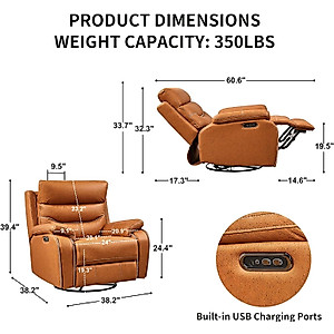 LETSHOME Electric Dual Motor Rocker Recliner USB Ports, 240 Degree Swivel Adjustable Rocking Chair with Power Headrest, Single Sofa Seat with Footrest for Living Room, XL, Brown