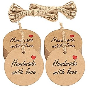 100Pcs Handmade Tags,Gift Tags with String,Handmade with Love Gift Tags,Kraft Paper Tags,Craft Round Brown Tags,Personalized Hang Tags Circle Labels for Craft Items,Wedding Favors,Party Supplies (2")