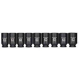 MIXPOWER 1/2- Inch Drive Deep Impact Socket Set, 6 Point, CR-MO, Metric, 29mm-38mm, 9-Piece 1/2" Dr. Deep Spindle Axle Nut Impact Socket Set