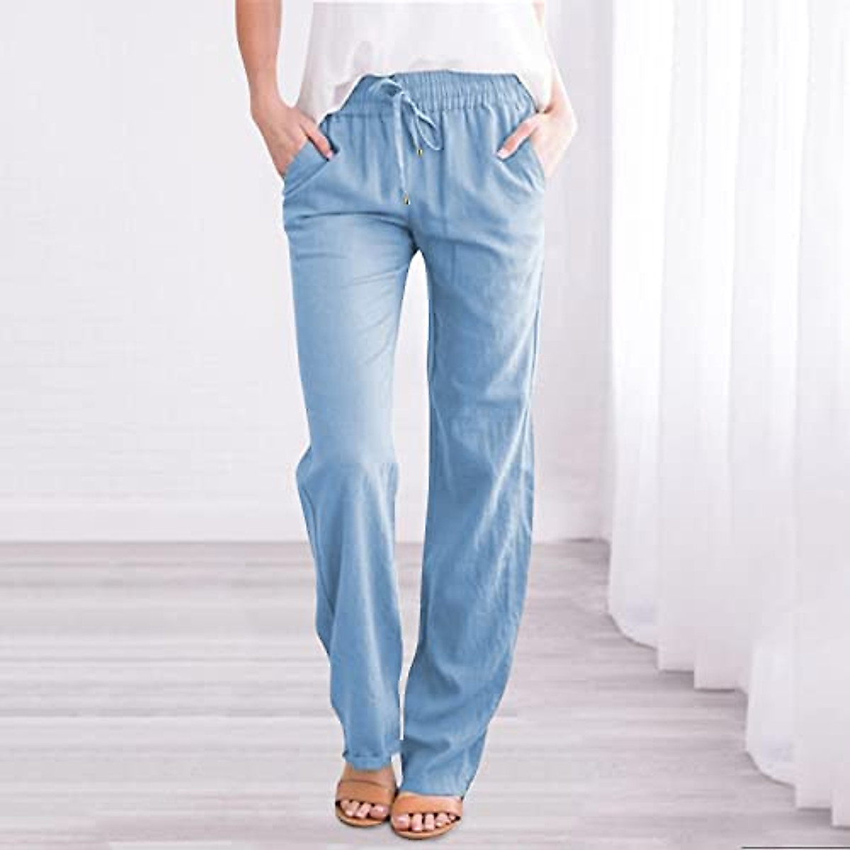 MGBD Wide Leg Pants for Women Business,Linen Pants for Women Petite Taper Leg,Beach Pants for Women Casual Summer,Linen Pants for Women Ankle Length,Ladies Pants with Elastic Waistband