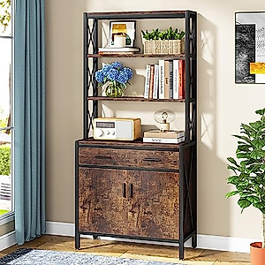 Tribesigns Bookshelf with Drawer, 4-Tier Bookcase with Doors, Tall Industrial Etagere Book Shelves Storage Cabinet Display Rack for Living Room, Home Office, Rustic Brown