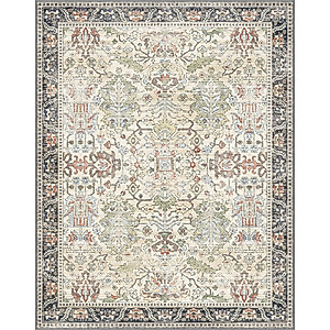 Bavni 8x10 Area Rugs for Living Room, Machine Washable Rug Lightweight Low Pile, Chenille Non Slip Rug Boho Print Decorative Carpet for Bedroom Dinning Room, Ivory/Teal