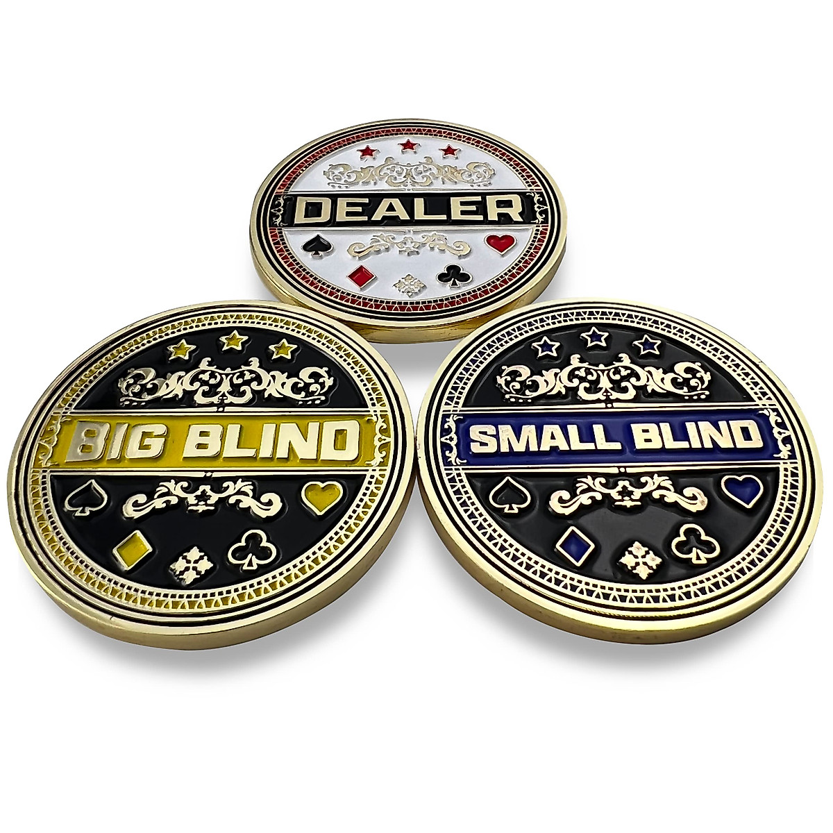 Luck Lab Set of 3 Metal Poker Buttons - Dealer Button, Big Blind and Small Blind Metal Weights (Position Markers) for Texas Hold Em - 1.75 inch