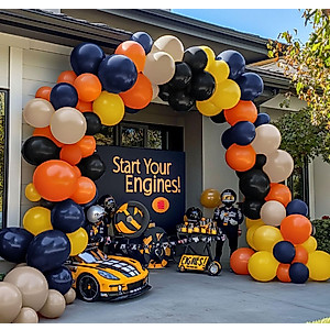 Race Car Balloon Arch - Blue Black Yellow Balloons Double Stuffed Black White Sand Yellow Balloons Navy Blue Orange Beige Balloon Garland Kit for Race Car Fire Truck Birthday Baby Shower Party Decor