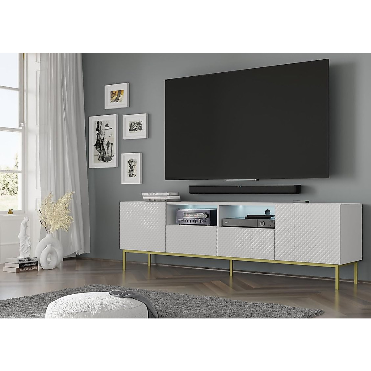Homlando Ravenna C TV Stand 79" – Lowboard TV Cabinet – Gaming Center for TVs Up to 85” – LED TV Unit - TV Entertainment – Center with Storage for Living Room – White Matte with White Gloss Fronts
