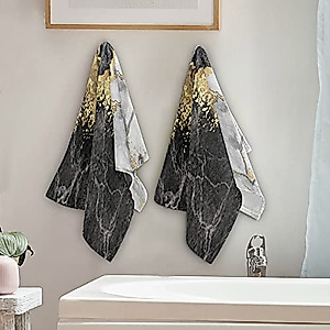 Hand Towels,2 Pack Soft Luxury Towel Gold Black Marble for Bathroom Kitchen, Beach