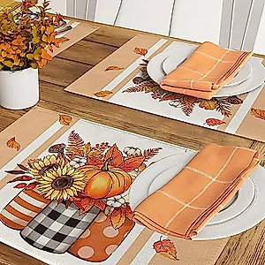 Seliem Fall Pumpkin Sunflower Placemats Set of 4, Autumn Leaves Flower Buffalo Plaid Mason Jar Farmhouse Dining Table Place Mats, Thanksgiving Seasonal Kitchen Decor Party Home Decoration 12x18 Inch