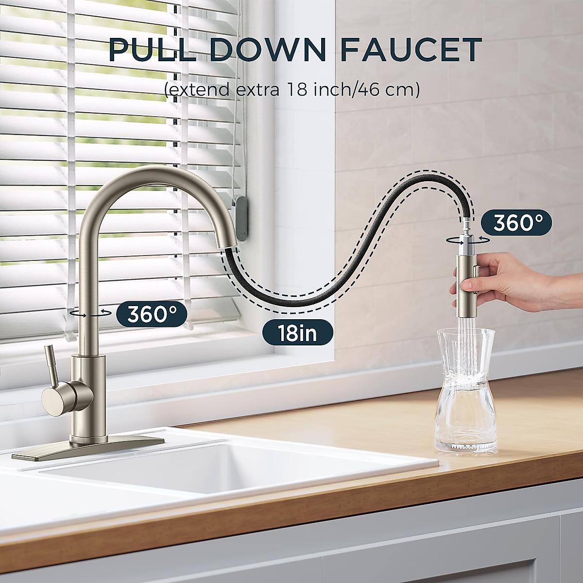 FORIOUS Kitchen Faucets, Brushed Nickel Kitchen Faucet with Pull Down Sprayer, Kitchen Sink Faucet Stainless Steel, High Arc Gooseneck Classic Faucet for Kitchen Sink, Bar, Farmhouse, Laundry