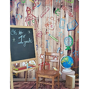 Leowefowa Back to School Backdrop 5x7ft Vinyl Photography Backdrops Hand Painted Pencils House Books on Vintage Retro Stripes Wood Floor Background Baby Kids Children Photo Studio Props