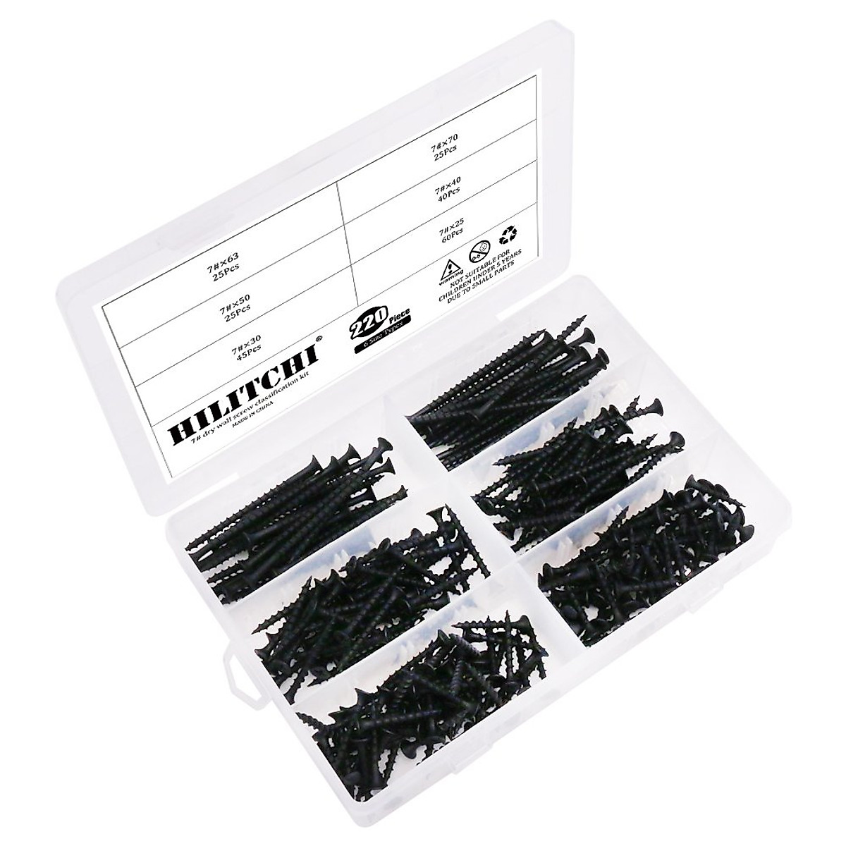 Hilitchi 220-Pcs #7 Coarse Thread Drywall Screw Assortment Kit, Bugle Head, Phillips Drive, Black Oxide Finish, for Drywall Sheetrock, Wood - [6 Different Size]