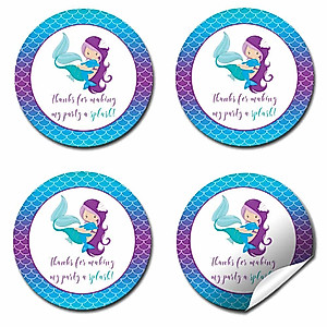 Mermaid Thank You Birthday Party Sticker Labels, 40 2" Party Circle Stickers by AmandaCreation, Great for Party Favors, Envelope Seals & Goodie Bags, Mermaid with Light Complexion