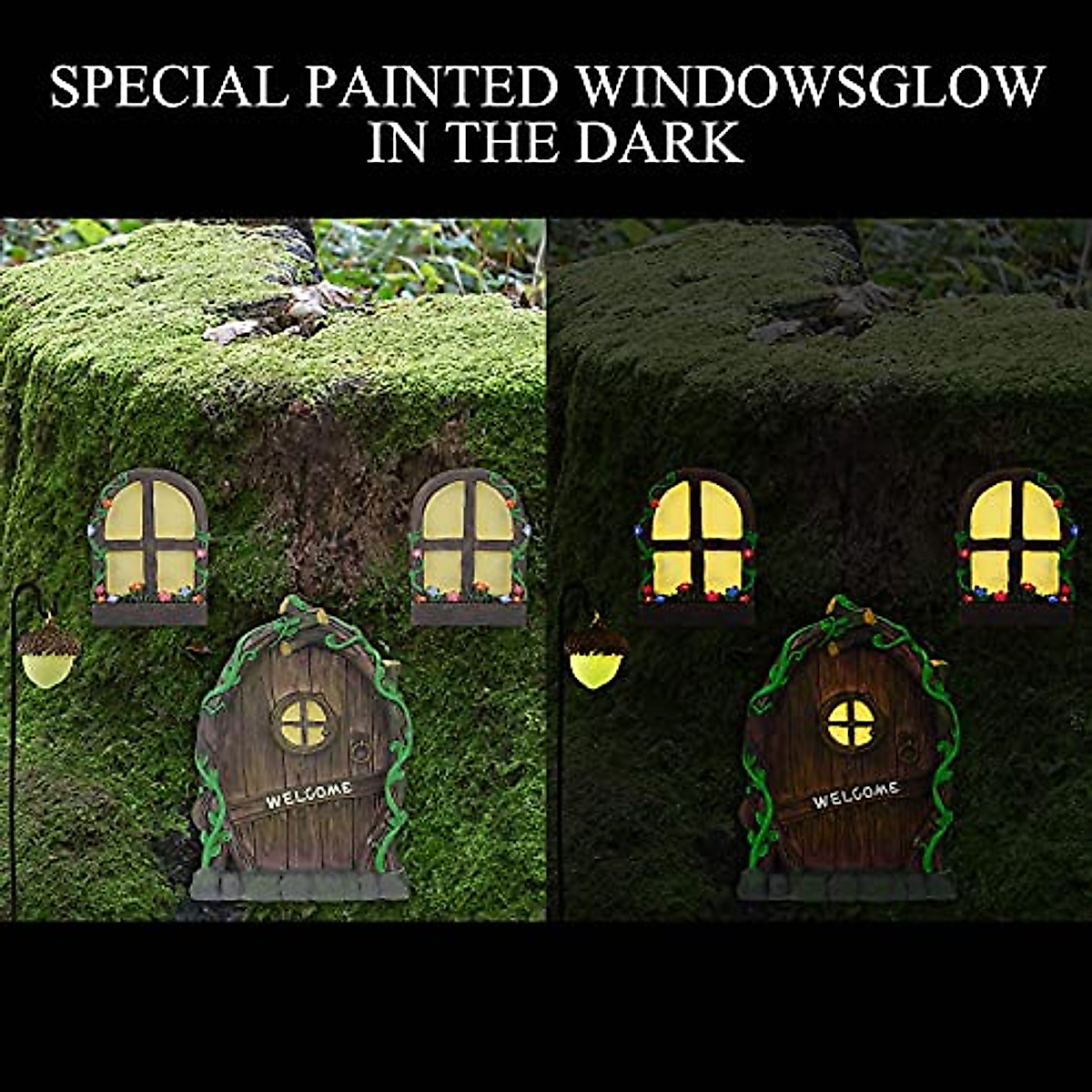 Jetec 21 Pieces Fairy Door and Window, Trees with 2 Window and Light Yard Sculpture Decoration for DIY Micro Landscape Ornament Kid Room, Wall and Tree Outdoor Miniature Fairy Garden Accessories