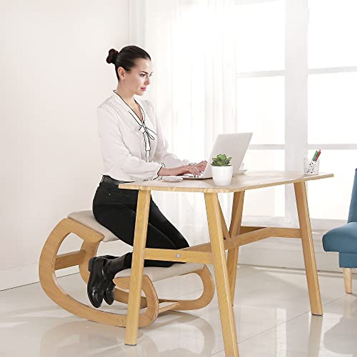 Predawn Ergonomic Kneeling Chair for Upright Posture - Rocking Chair Knee Stool for Home, Office & Meditation - Wood & Linen Cushion - Relieving Back and Neck Pain & Improving Posture (White Oak)