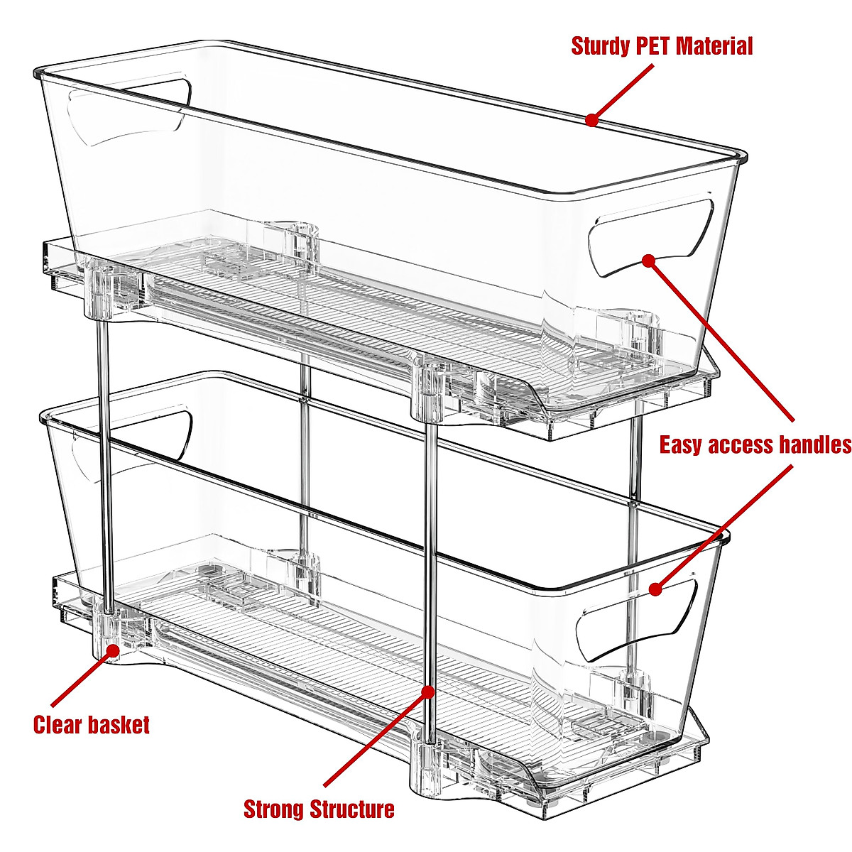 Simple Houseware 2-Tier Narrow Basket Drawer Cabinet Pull-Out Organizer, Clear