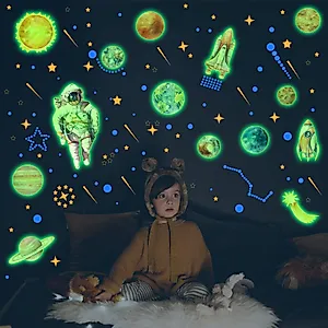 Hianjoo Glow in The Dark Stars for Ceiling, Solar System Wall Stickers, Rocket Astronaut Luminous Decal Shining Space Decoration for Nursery Bedroom Living Room for Boy and Girl