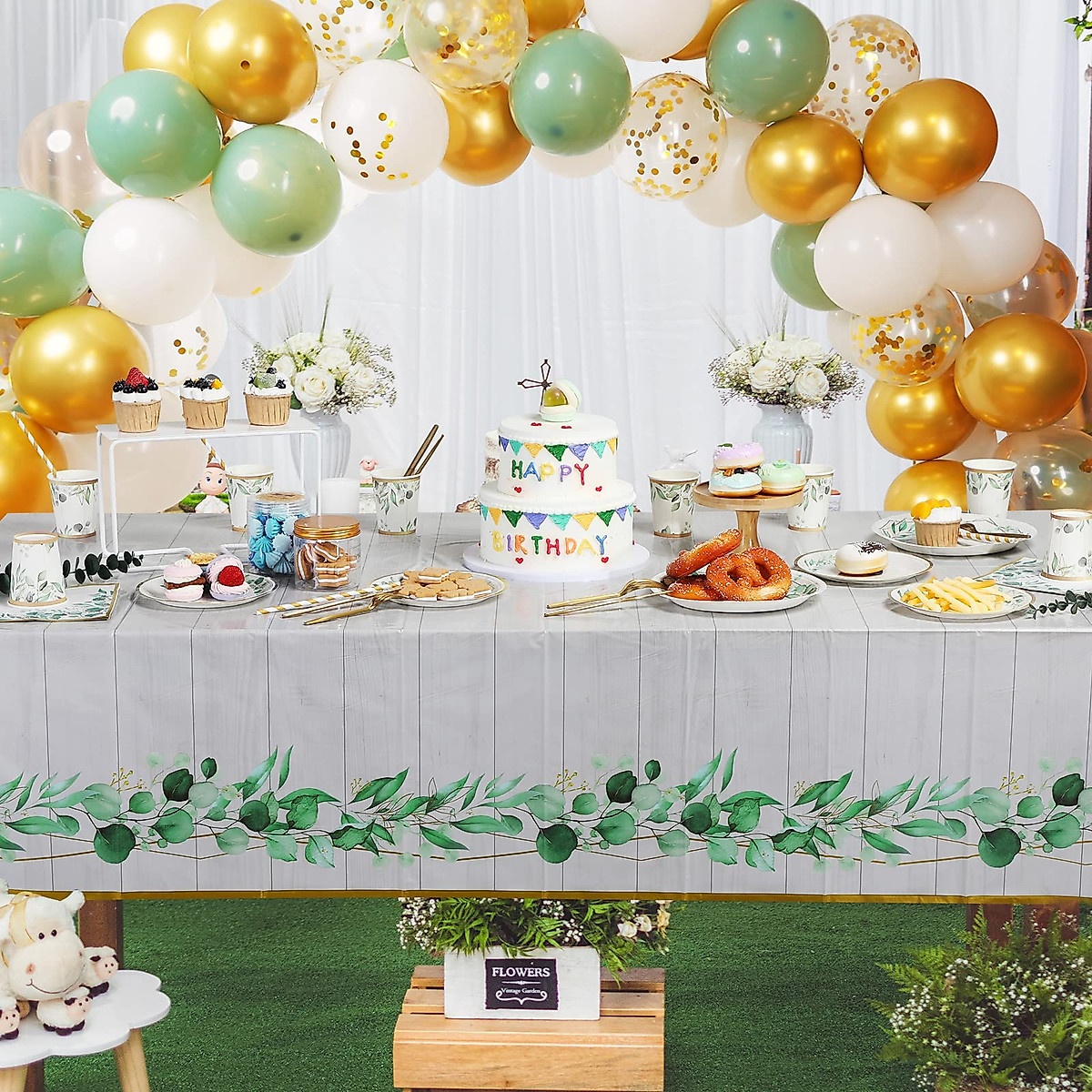 Eucalyptus Party Supplies Sage Greenery Plates and Napkins Green Leaf Tablecloth Balloons Gold Leaf Jungle Theme Boho Party Supplies for 16 Guests Tableware Bridal Wedding Decorations