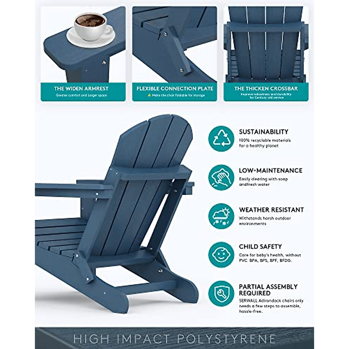SERWALL Folding Adirondack Chairs Weather Resistant for Outdoor, Patio, Lawn, Garden, Backyard Deck, Fire Pit - Blue