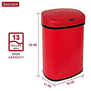 Kitchen Trash Can 13 Gallon,Stainless Steel Trash Can Touchless Garbage Can Large Trash Bin for Kitchen,Bathroom,Restroom,Office Automatic Garbage Bin,Red