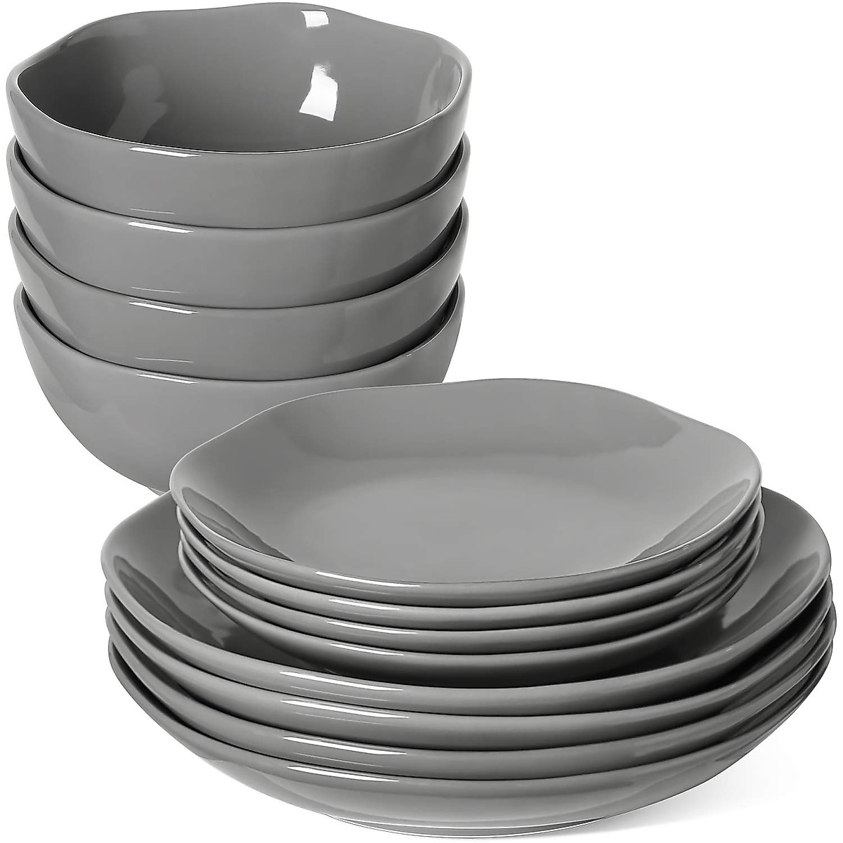 LE TAUCI Dinnerware Sets 12 Piece, Serve for 4, Ceramic Plates and Bowls Set (10" Dinner Plates + 8" Salad Dish + 22 oz Bowl) x 4, Suit For House Warming Wedding, Dishwasher Microwave Oven safe - Grey