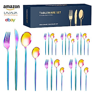 24Pieces Cutlery Set Stainless Steel Flatware Set Tableware Utensil Set with Gold Tea Spoon Food Knife Fruits Fork Set Service Eating Dinner for Kitchen Home Restaurant Hotel (Color)