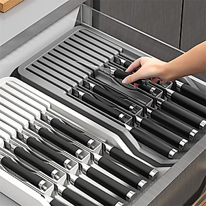 RIIPOO Knife Organizer Drawer Insert, Retractable Knife Storage Drawer, Knife Block Holder with Expandable Organizer Storage Tray for Kitchen Countertop