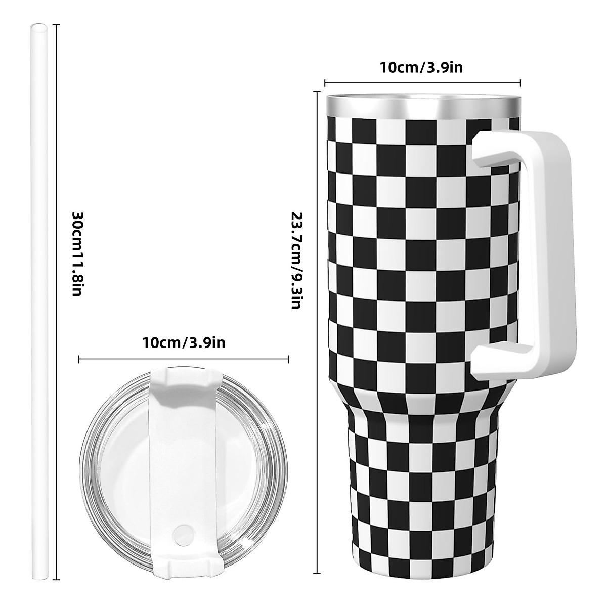 deaokluy 40 OZ Checkered Pattern Ice Bully Cup with Handle Straw Lid, Double Wall Stainless Steel Tumbler Travel Coffee Cup, Black White Insulation and Cooling Cup for Christmas Birthday Present