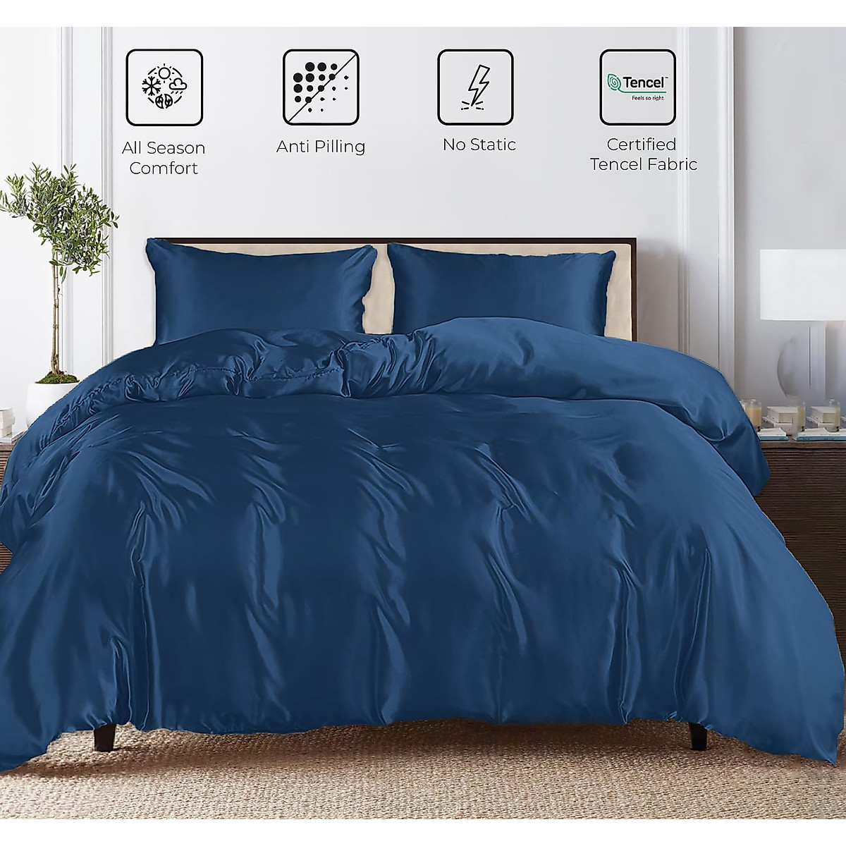 Linenwalas Tencel Lyocell Duvet Cover Set with Deep Pocket Fitted Sheet, Viscose Made from Eucalyptus Soft, Lightweight and Breathable Complete Bedding Set (Navy Blue, Queen)