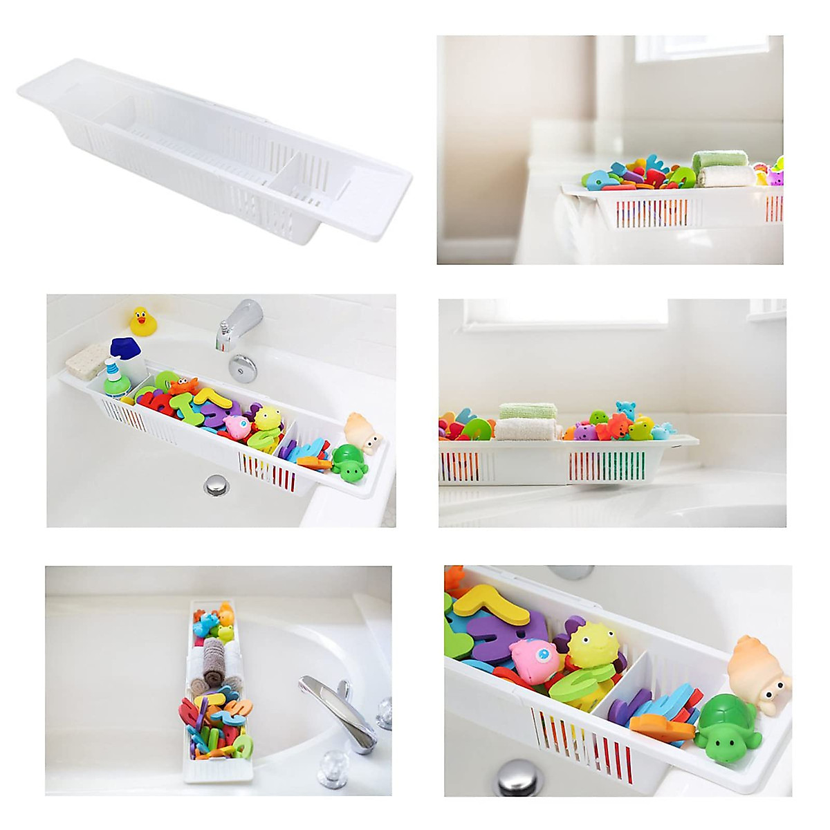 HERCHR Retractable Bathtub Tray, Adjustable Bath Shelf Caddy Tray Plastic Simple Bath Toy Organizer Storage Basket for Shampoo Shower Gel