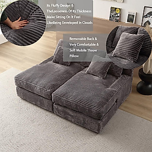 NDPQN Oversized Luxe Double Chaise Sleeper Sofa, Comfortable Cloud Couch Soft Fluffy Corduroy Upholstery with Square Armrests & Removable Back Cushioned for Living Room Bedroom (Grey, 74.8 inch)