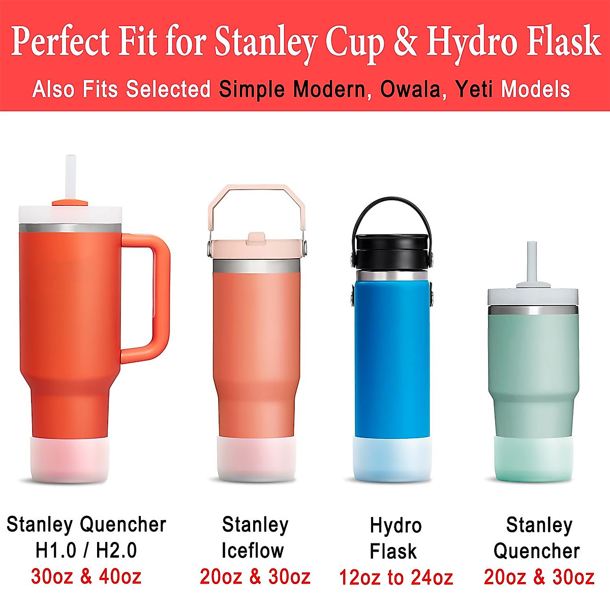 2PCS Silicone Boot for Stanley Tumbler 40 oz 30oz & IceFlow 20oz 30oz & Hydro Flask Water Bottle 12-24oz & Select Yeti, Simple Modern, Owala Cup Bottom Sleeve - for Stanley Cup Accessories, Clear