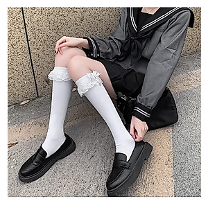 CAT KO Women Soft Knee High Socks Lovely & Cute Solid color Lace Ruffle Girls socks for Lolita ONLY TRUE SOLD (WHITE)