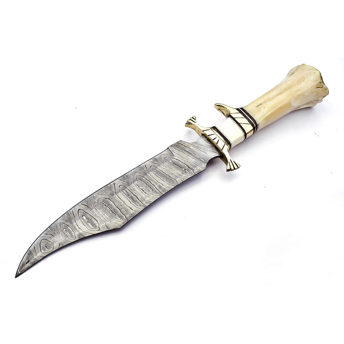HandSmith™ 15" Handmade Damascus Steel Hunting Knife, Hand Forged Damascus Steel Fixed Blade Bowie Knife, Genuine Leather Sheath, Camel Bone Handle Firm Grip (White)