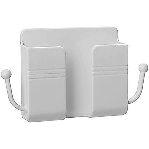 Grafken 4Pcs Wall Mount Phone Holder with Hooks,3M Adhesive Mobile Phone Charging Stand Holders, Remote Control Storage Box for Bedroom, Kitchen, Bathroom, Office and More (White)
