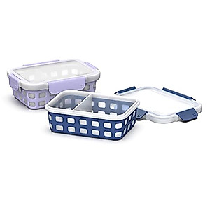 Ello Plastic Divided Container Food Storage Portion Control Set with Locking Leak-Proof Lids, 2 Set 4 Cup, Purple/Blue