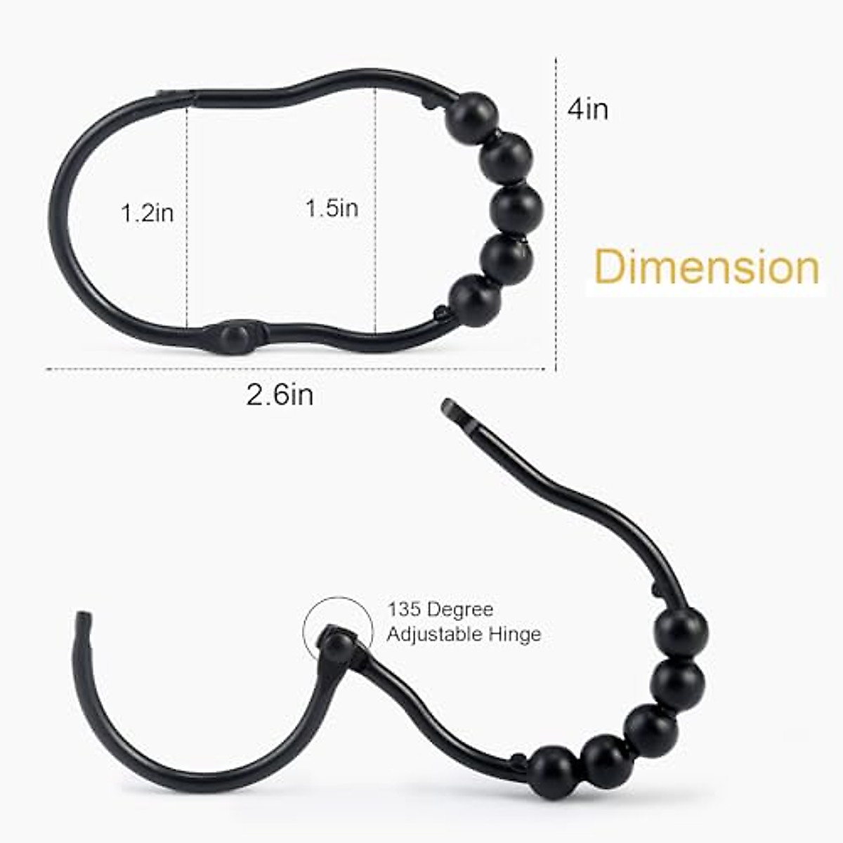 Shower Curtain Rings, SUTINE Shower Curtain Hooks, Wide Snap Shower Curtain Hooks Rust Proof, Anti-Fall Metal Shower Hooks for Shower Curtain, Glide Smoothly Shower Rings for Curtain, Black,12Pcs