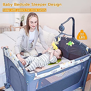 SKIH 5 in 1 baby bedside Sleeper, Bassinet with Toys & Music Box, Mattress, Foldable Playard, Portable Travel crib for Girl Boy Infant Newborn (Grey)