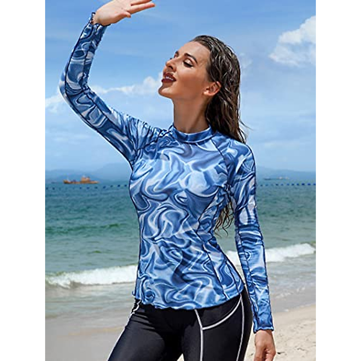 ATTRACO Rash Guard for Women Long Sleeve Swim Shirt Y2K Skiny UV Swimsuit Top UPF 50+ Blue L