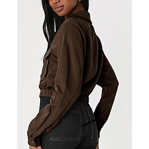 Vimyig Women's Lightweight Black Cropped Utility Jacket Military Safari Button Down Anorak Coat with Pockets(Brown-M)