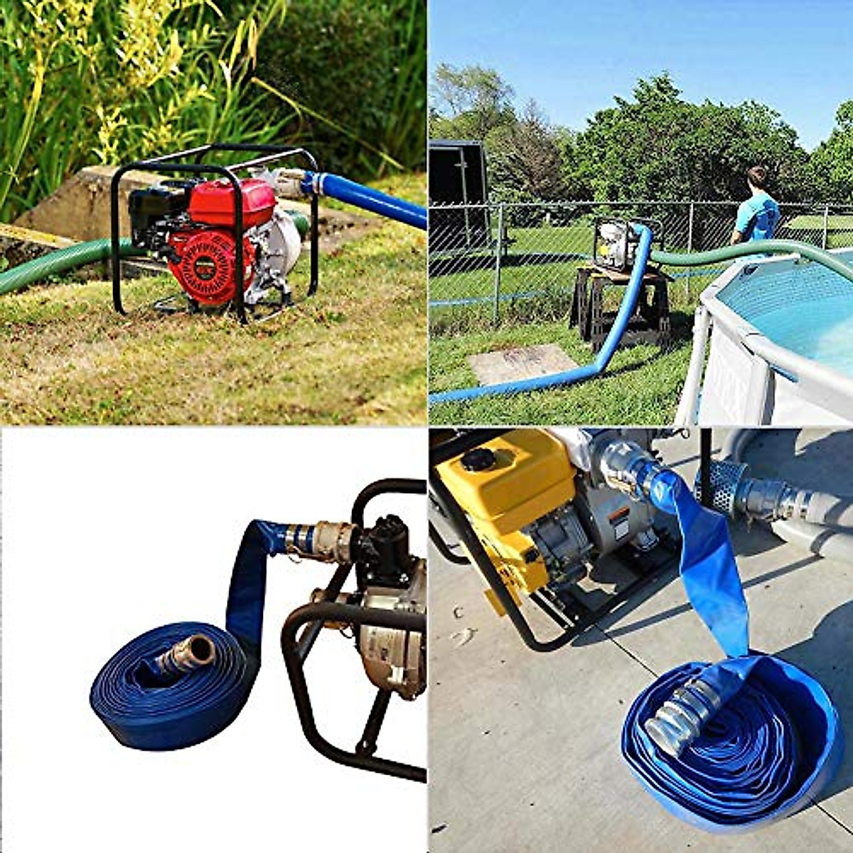 2" x 100' Blue PVC Backwash Hose for Swimming Pools, Heavy Duty Discharge Hose Reinforced Pool Drain Hose with Aluminum Camlock C and E Fittings