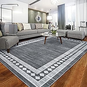 RUGSREAL Large Area Rug 8x10 Solid Rug Grey Bordered Rug Modern Geometric Boho Rug, Anti-Slip Backing Rugs for Living Room, Foldable Machine Washable Area Rug(8'x10', Grey)