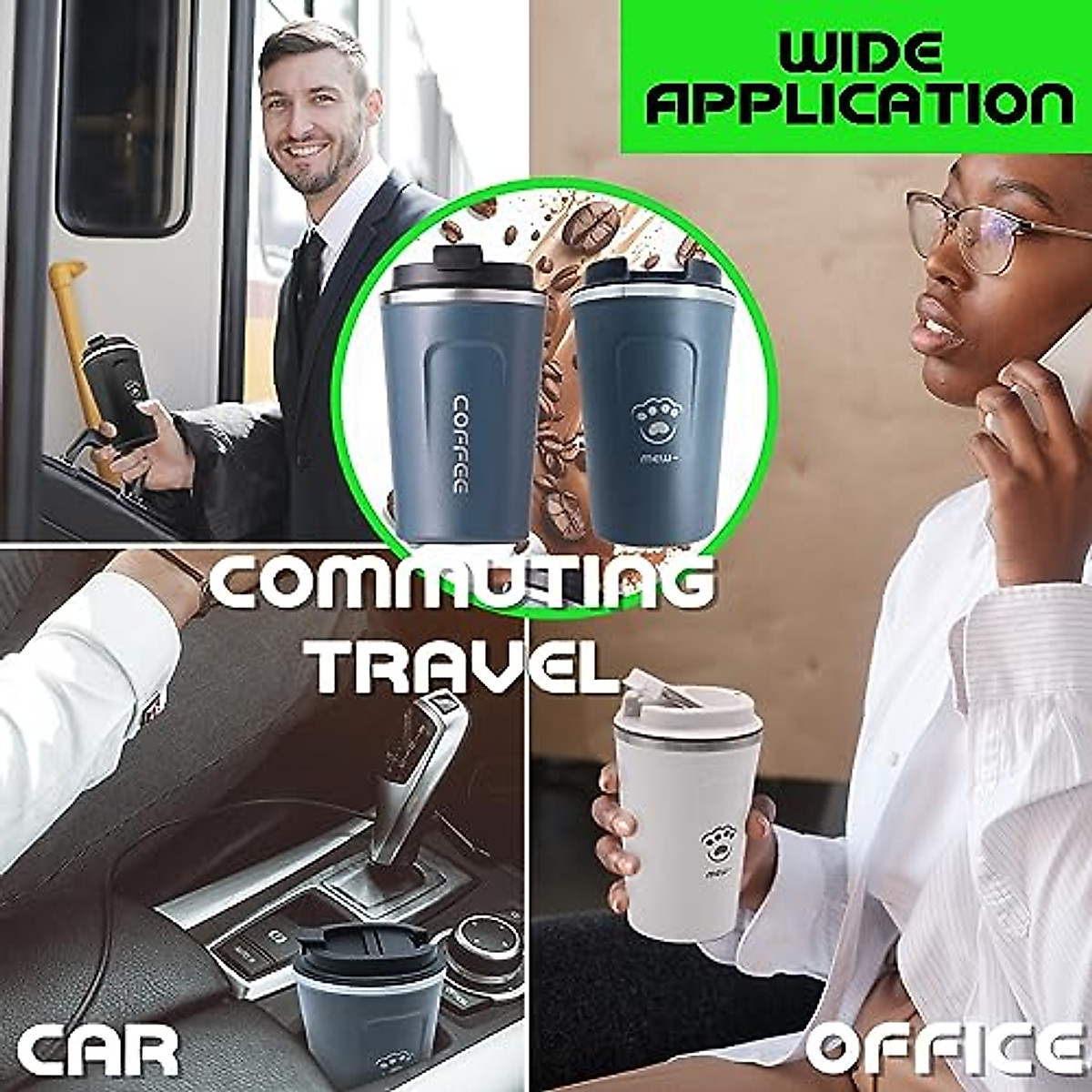 IWANGDS Leak Proof Travel Coffee Mug, Reusable Coffee Cup with Lid, Insulated Coffee Mug with Brush, Stainless Steel Vacuum Tumbler, Keep Hot & Cold, 13oz Mini Thermos with Cat Paw Pattern(Blue*1)