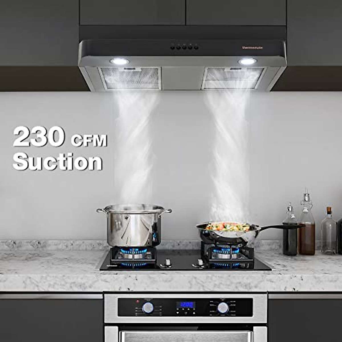 30 Inch Under Cabinet Range Hood, thermomate 230CFM Slim Vent Hood with 3 Speed Exhaust Fan, Insert Ducted Range Hood with 2 LED Lights, Black