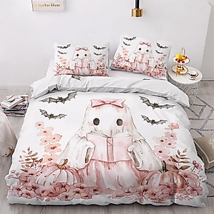 AopGlyvyr Cute Ghost Duvet Cover Queen Size, Halloween Comforter Cover, Spooky Bedding Set, Breathable Duvet Cover with Zipper Closure, 3 Pieces, 1 Duvet Cover and 2 Pillowcase