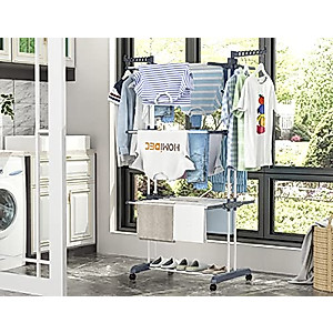 HOMIDEC Clothes Drying Rack, Oversized 4-Tier(67.7" High) Foldable Stainless Steel Drying Rack Clothing, Movable Drying Rack with 4 castors, 24 Drying Poles & 14 Hooks for Bed Linen, Clothing, Grey