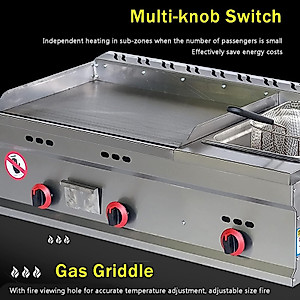 Commercial Gas Griddle, Countertop Flat Top Griddle Stainless Steel Grill, Teppanyaki Fry Pan with Adjustable Temperature, Kitchen LPG Gas Grill for Outdoor Catering