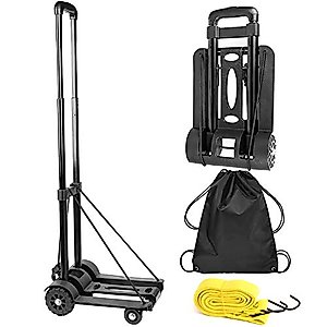 ZOENHOU 40KG 88Lbs Black Folding Hand Truck, Solid Construction Utility Cart, Heavy-Duty 4-Wheel Luggage Cart with 1 Roll Bungee Cord and 1 Pack Storage Pouch Compact, for Travel, Office