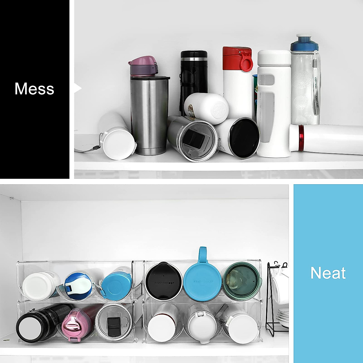 Puricon Plastic Water Bottle Organizer Rack, Stackable Bin Holder for Insulated Tumbler Sports Flask Bottles Kids Water Bottle Travel Mug for Kitchen Cabinets Countertop Holds 9 Bottles, 3-Tier